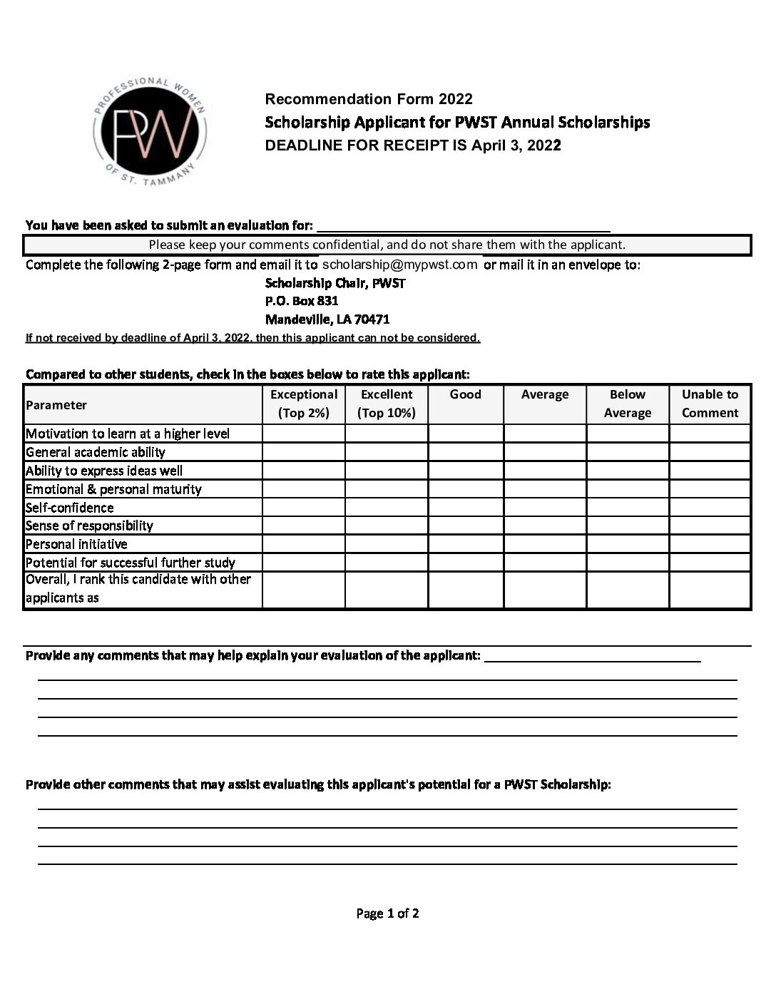 Recommendation_form_2022 | Professional Women of St. Tammany