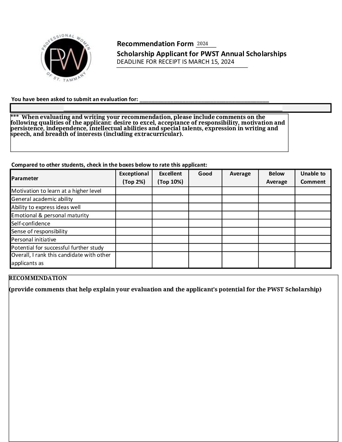 PW Recommendation form 2024 | Professional Women of St. Tammany